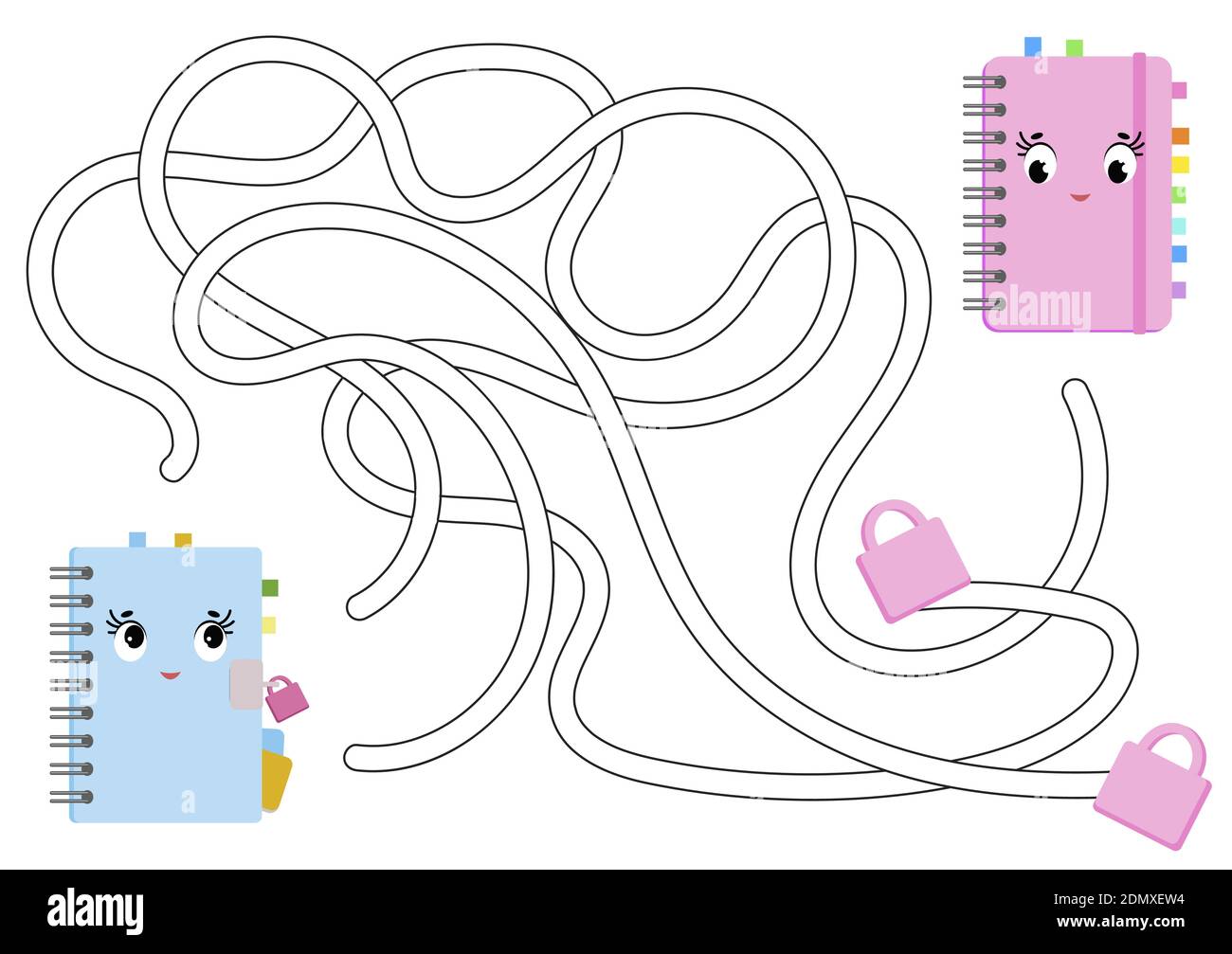 Color abstract maze. Help the blue notebook get to the pink notebook ...