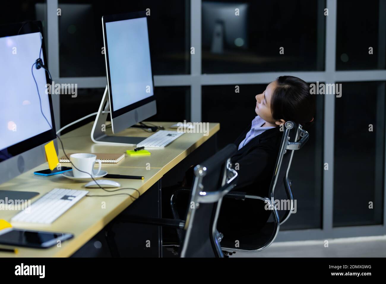 Asleep exhausted Asian lady call center worker employee sleeping on ...