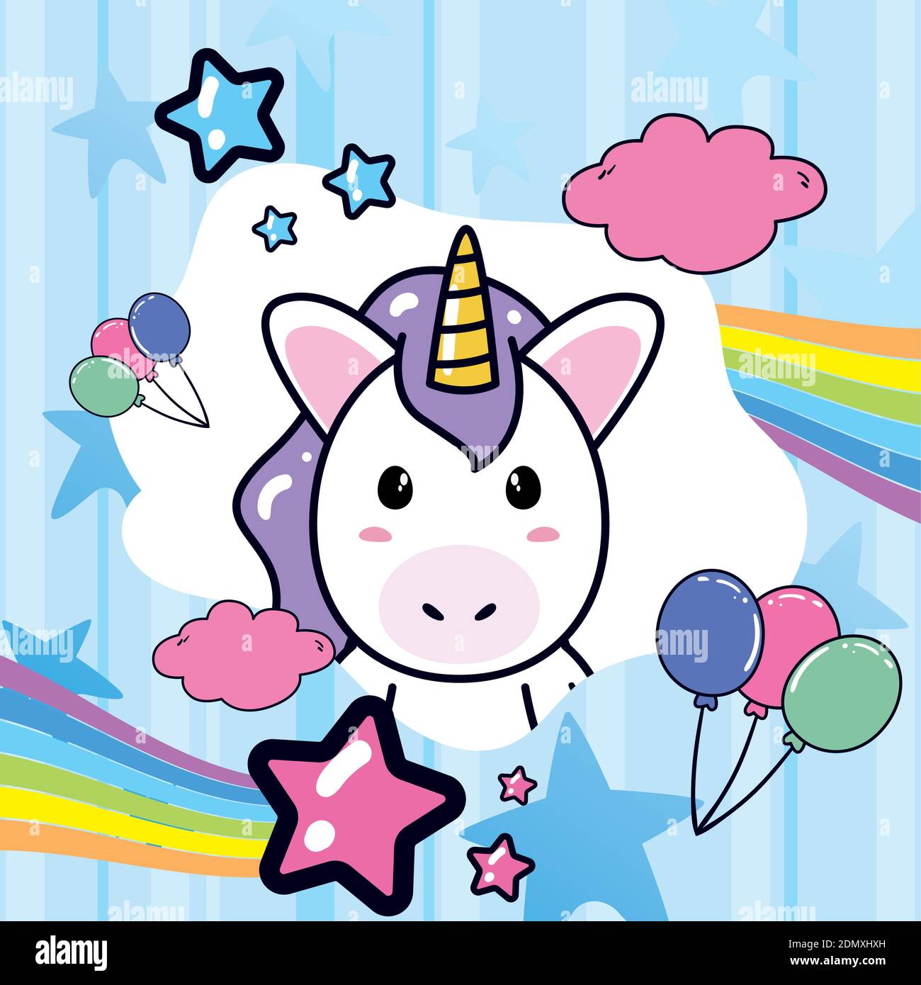 unicorn horse cartoon with balloons stars rainbows and clouds design ...