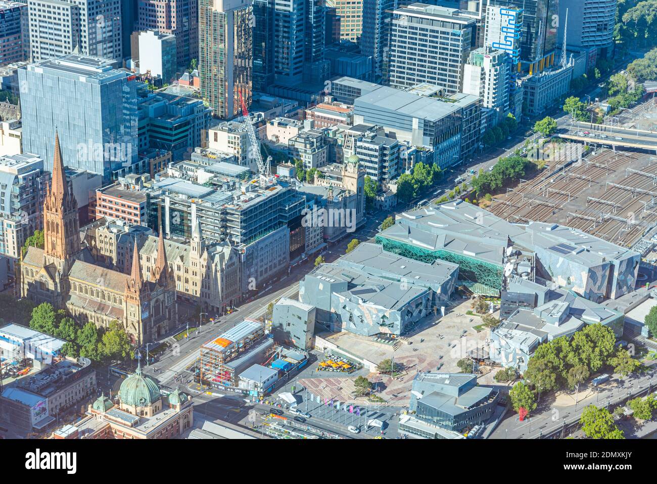 MELBOURNE, AUSTRALIA, JANUARY 1, 2020: Aerial view of federation square ...