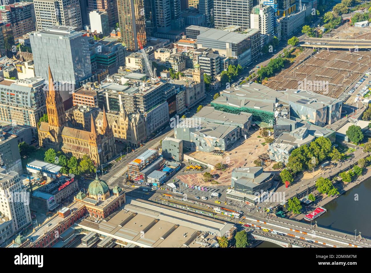 MELBOURNE, AUSTRALIA, JANUARY 1, 2020: Aerial view of federation square ...