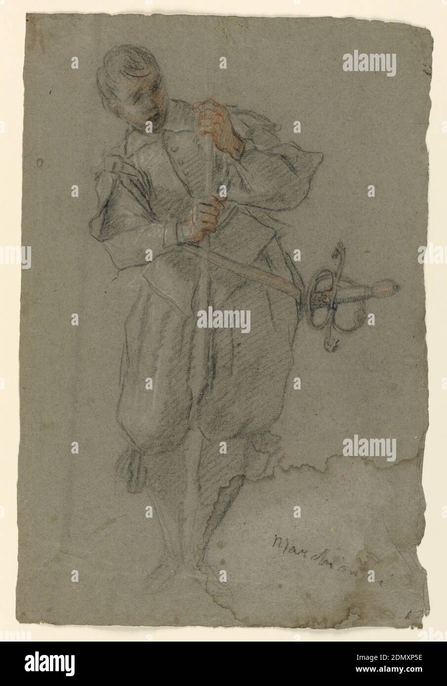 Soldier Loading His Gun, Black and red crayon on gray laid paper ...