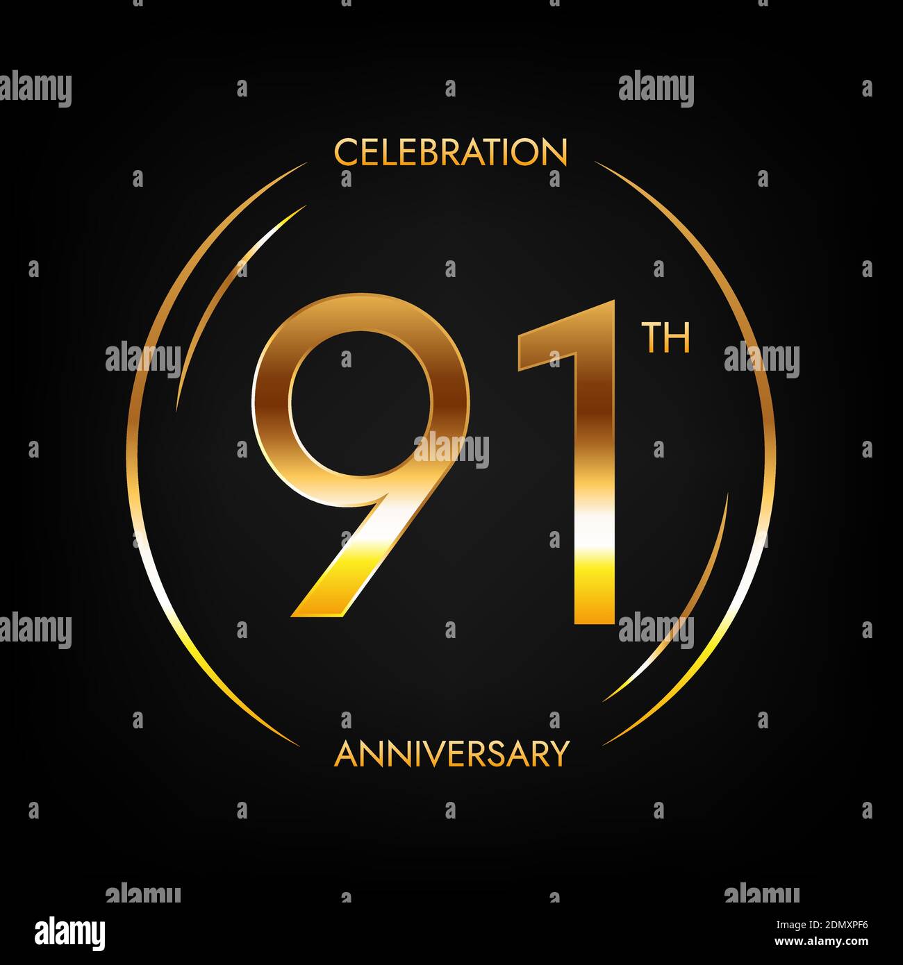 91th anniversary. Ninety-one years birthday celebration banner in bright golden color. Circular ...