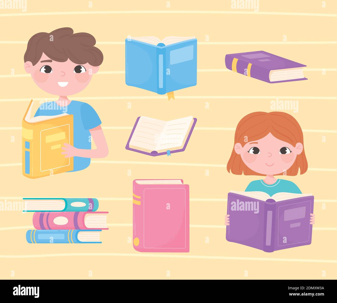 girl and boy reading a books, open textbooks literarute academic and ...