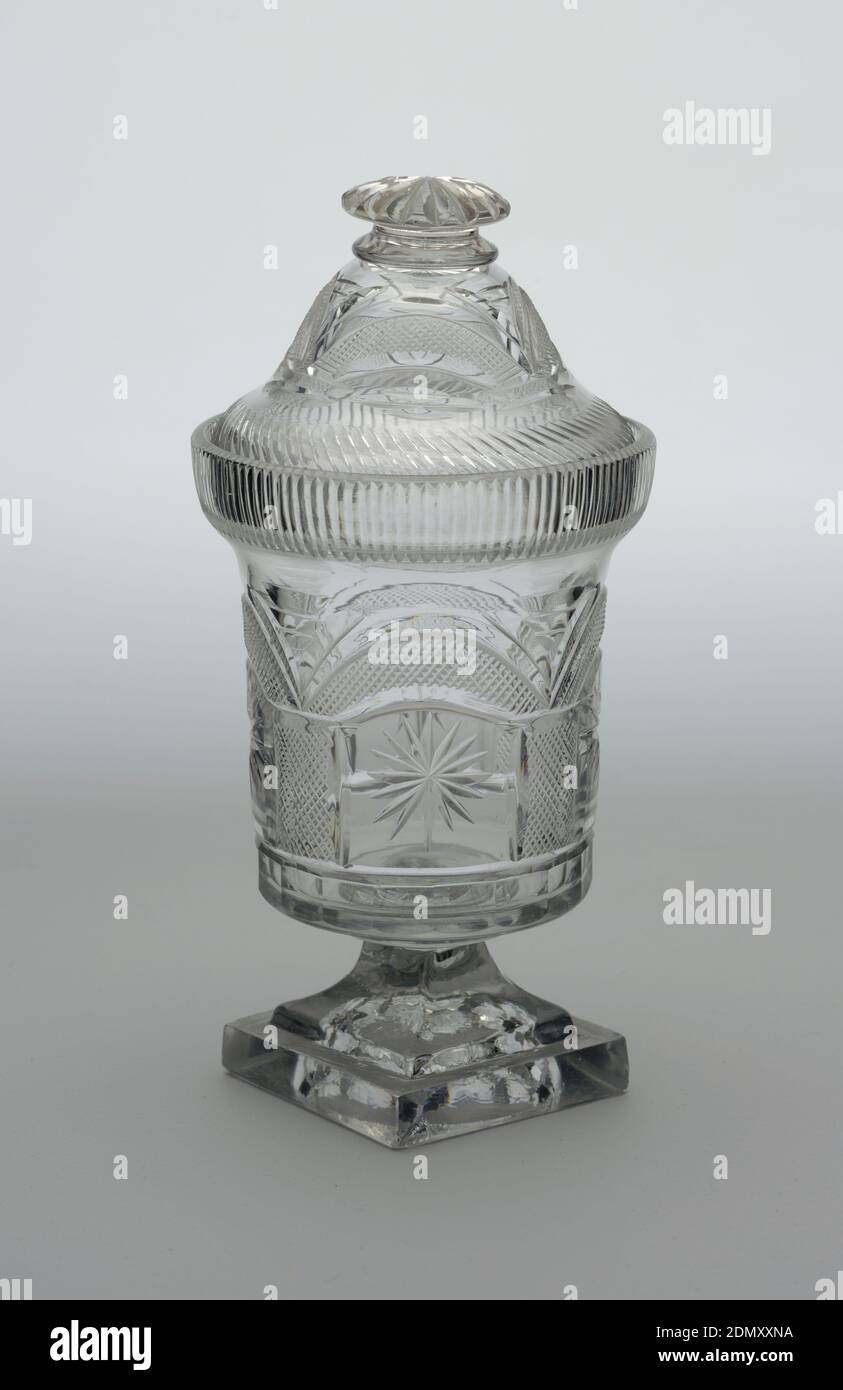 Jar and cover, glass, Straight sided jar with projecting rim and domed ...