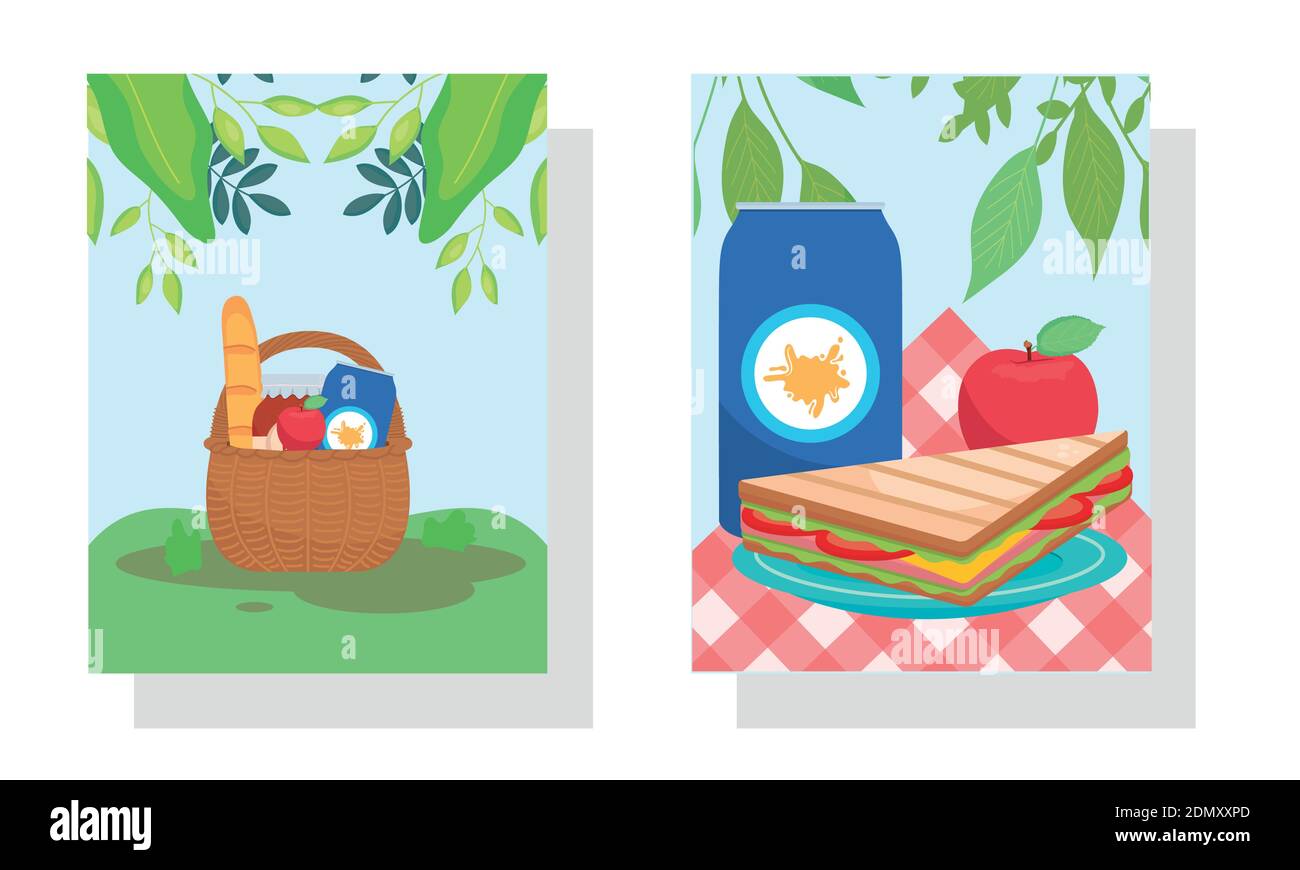 picnic basket and food icon set inside labels design, garden nature and ...