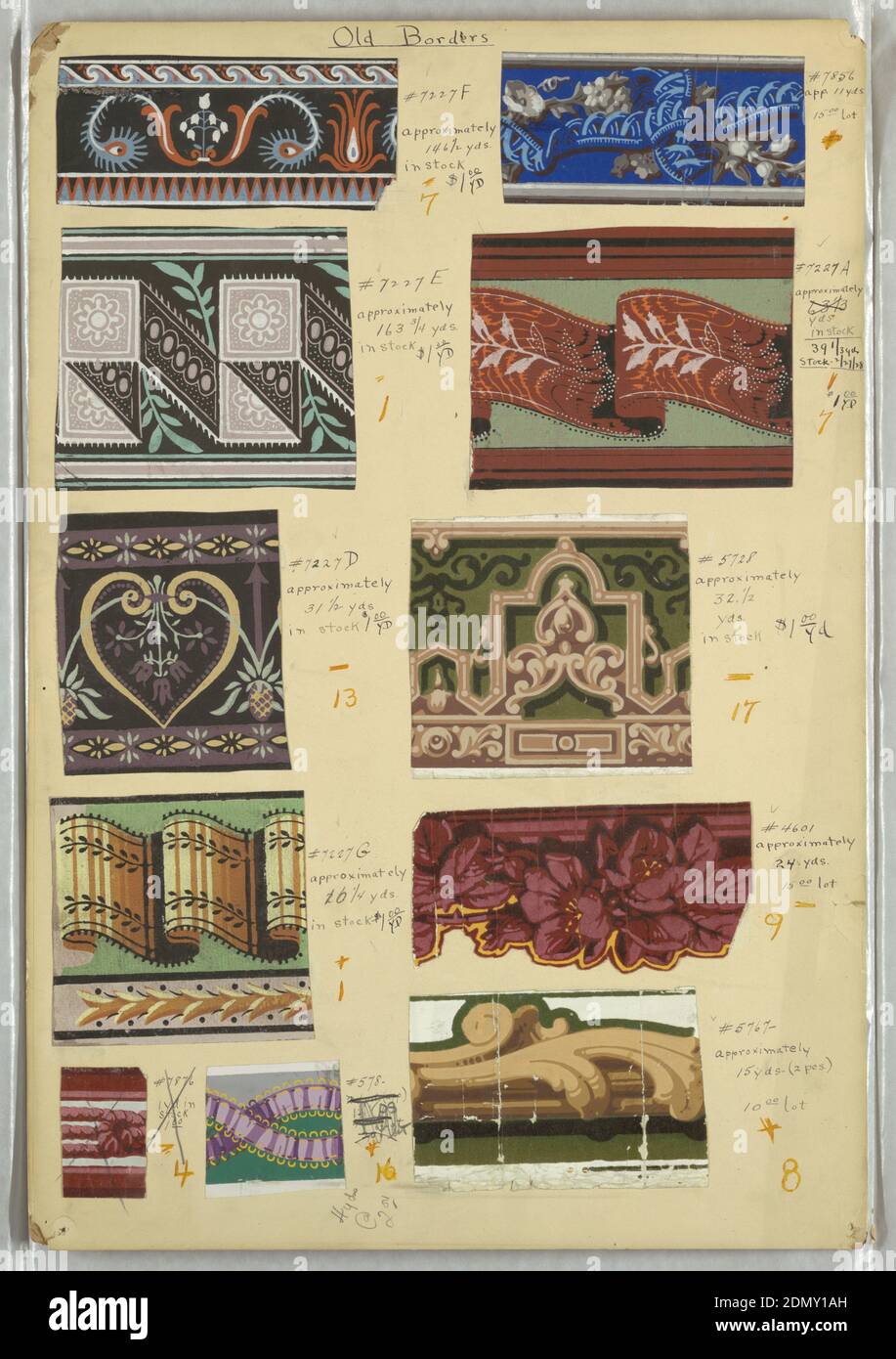 Border, Block-printed and flocked, Eleven border samples mounted on ...