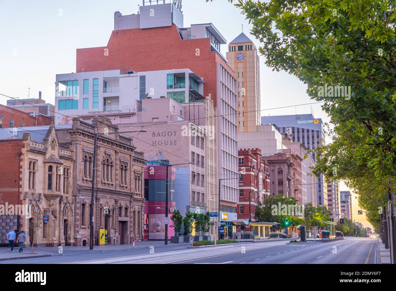 ADELAIDE, AUSTRALIA, JANUARY 6, 2020: Sunset view of a street in center ...