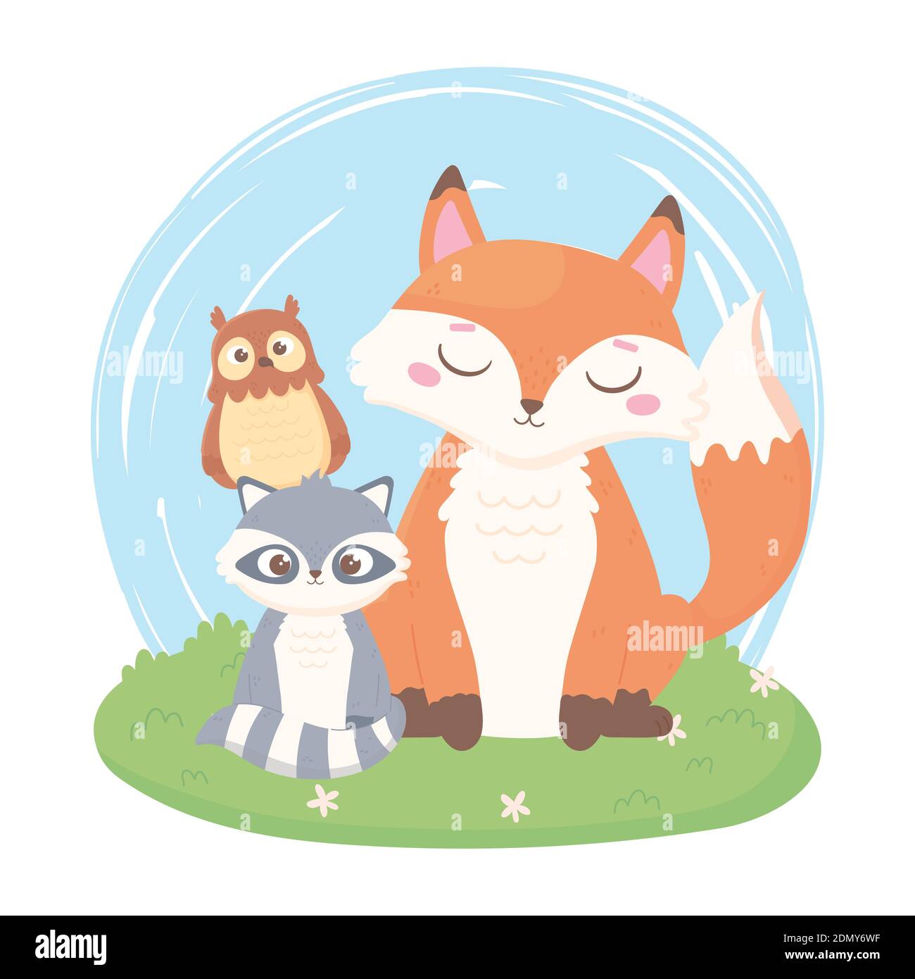 cute fox raccoon and owl cartoon animals in the grass vector ...