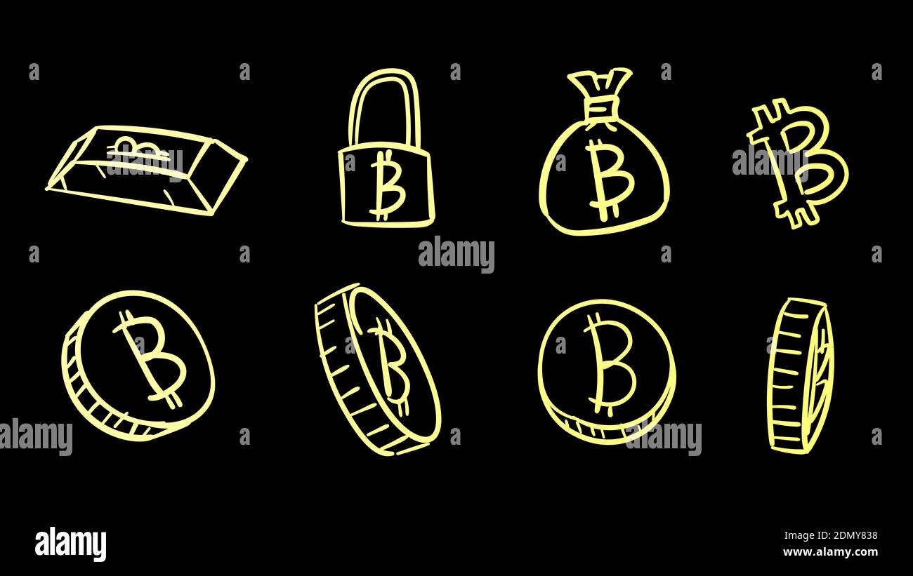 Hand drawn yellow business bitcoin symbols. 2d money illustration with ...