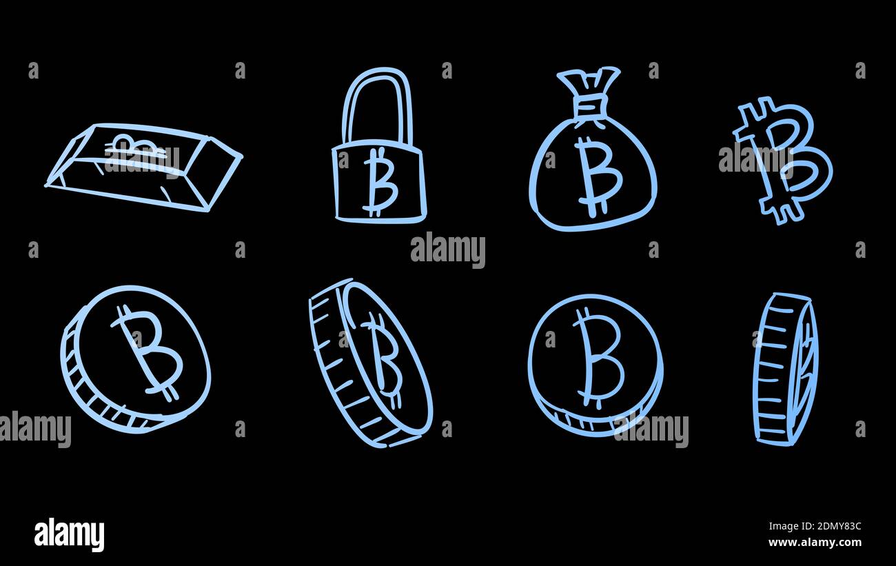 Hand drawn blue business bitcoin symbols. 2d money illustration with ...