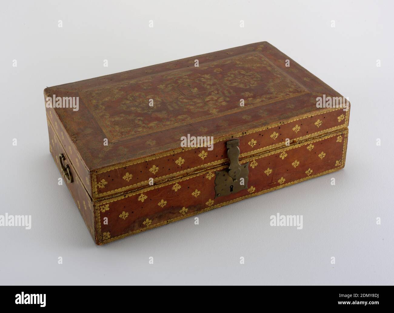 Box, wood, tooled leather, gilded brass, rectangular wooden box, on ...