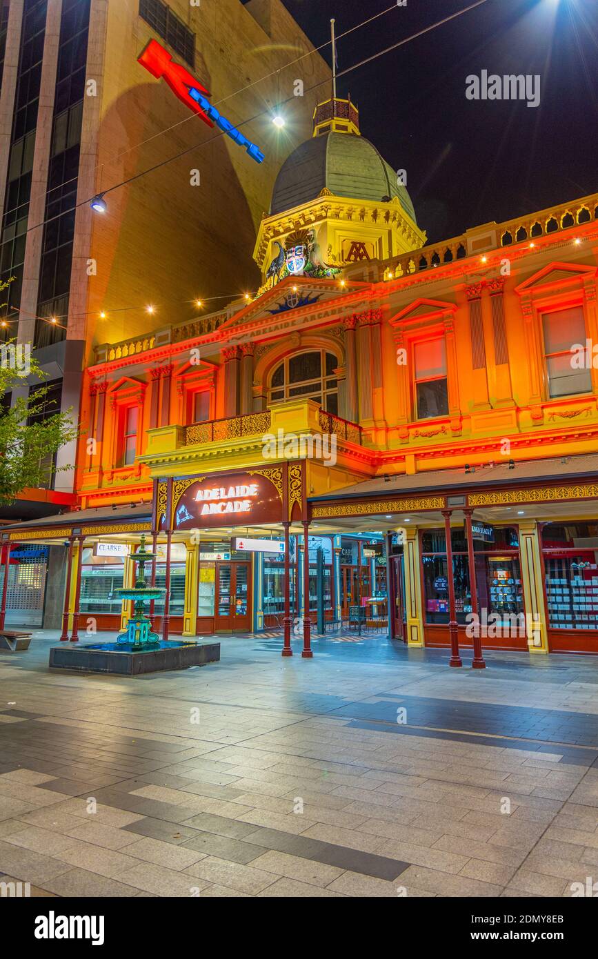 ADELAIDE, AUSTRALIA, JANUARY 6, 2020: Sunset view of Adelaide arcade ...