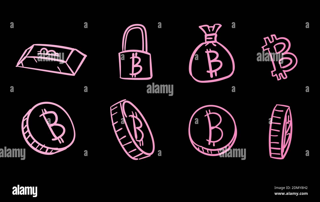Hand drawn pink business bitcoin symbols. 2d money illustration with ...