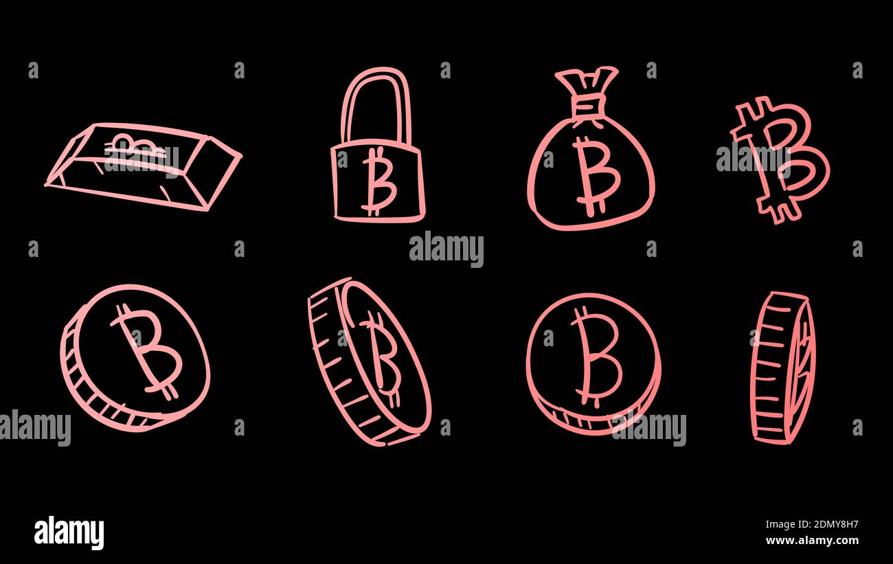 Hand drawn red business bitcoin symbols. 2d money illustration with ...