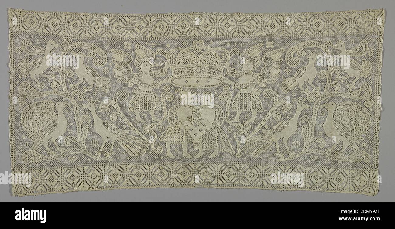 Panel, Medium: linen Technique: needlework on knotted net, Horizontal ...