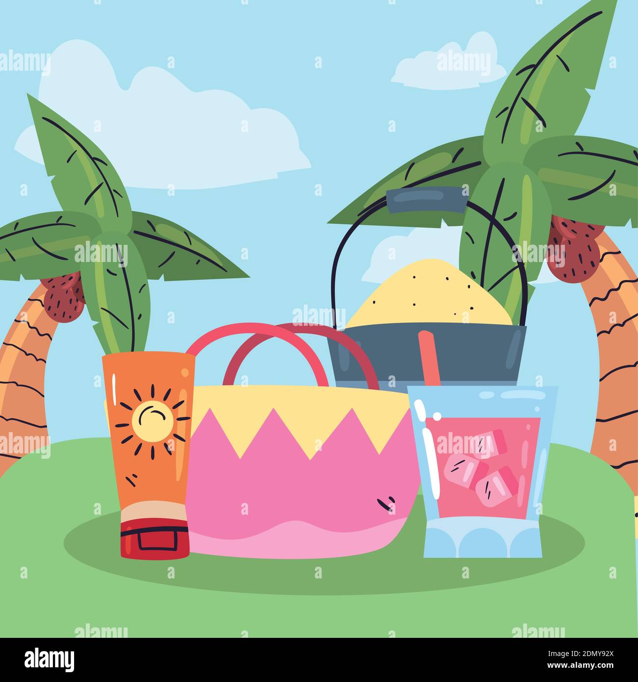Summer cocktail basket suncream and sand bucket design, vacation and ...