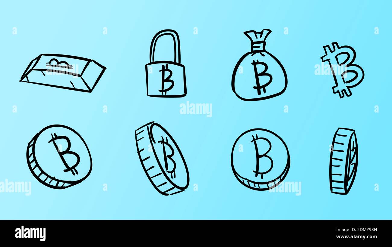 Hand drawn azure business bitcoin symbols. 2d money illustration with ...