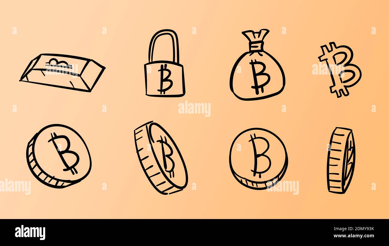 Hand drawn orange business bitcoin symbols. 2d money illustration with ...