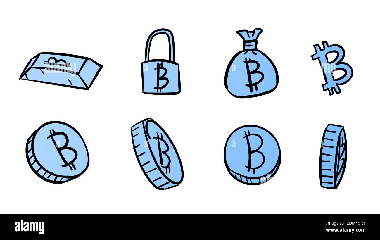Hand drawn blue business bitcoin symbols. 2d money illustration with ...