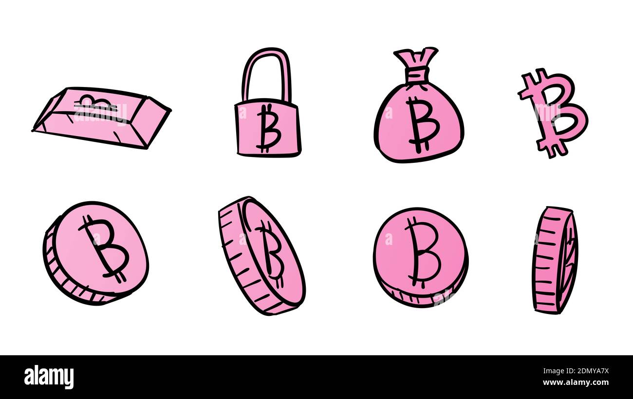 Hand drawn pink business bitcoin symbols. 2d money illustration with ...