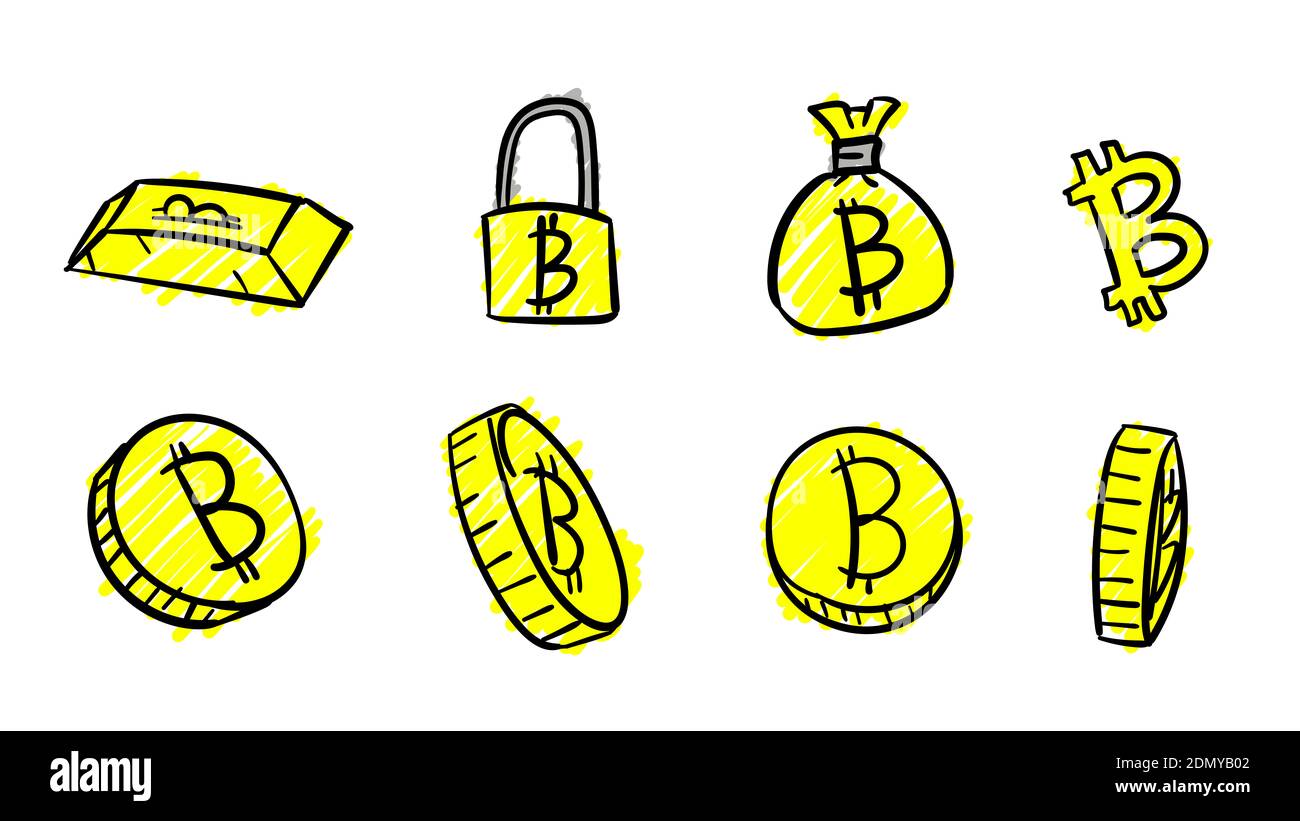 Hand drawn yellow business bitcoin symbols. 2d money illustration with ...