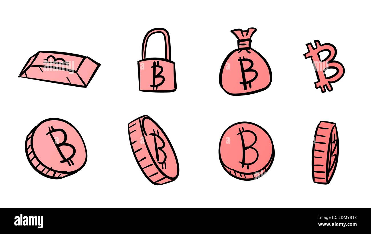 Hand drawn red business bitcoin symbols. 2d money illustration with ...