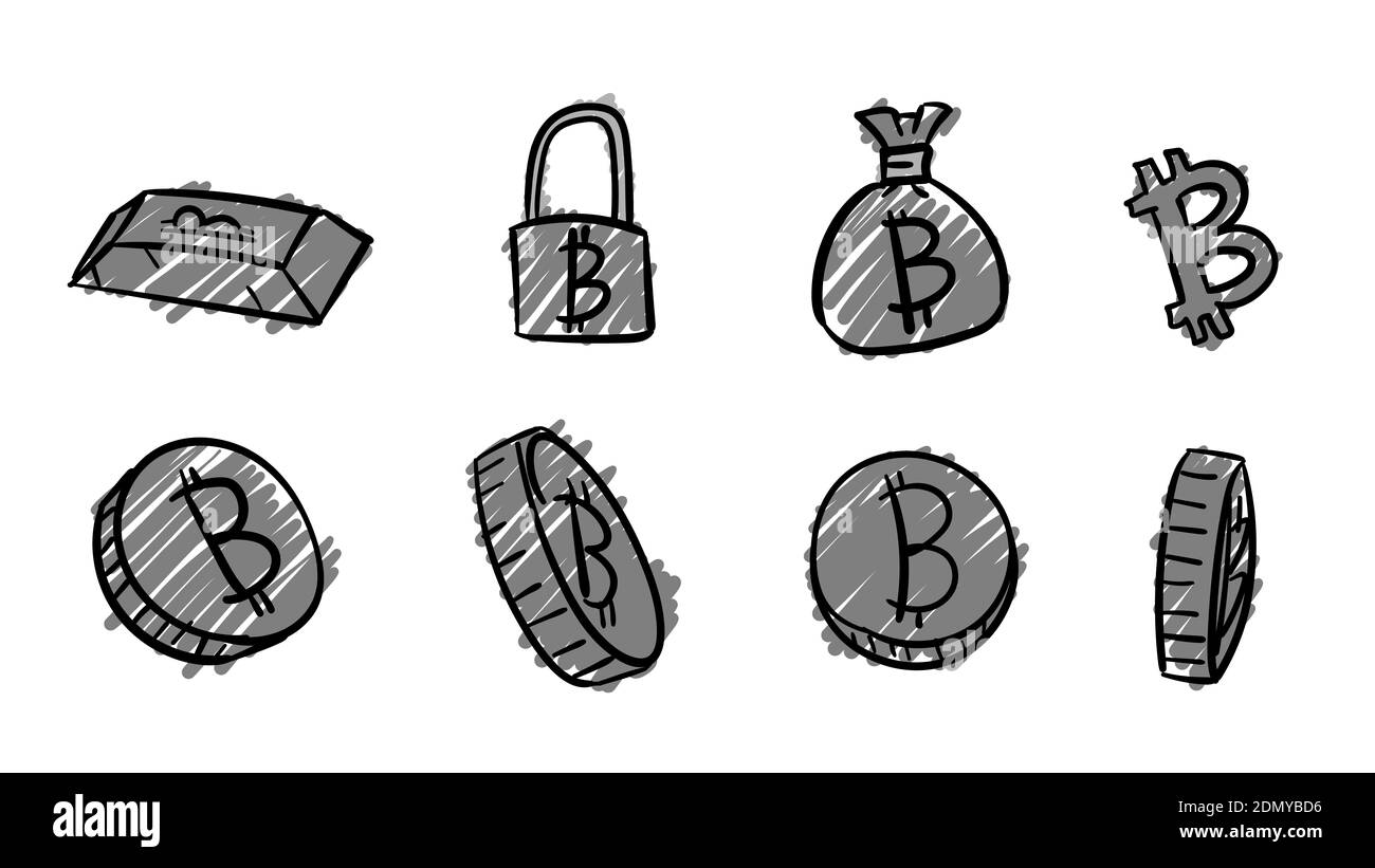 Hand drawn grey business bitcoin symbols. 2d money illustration with ...