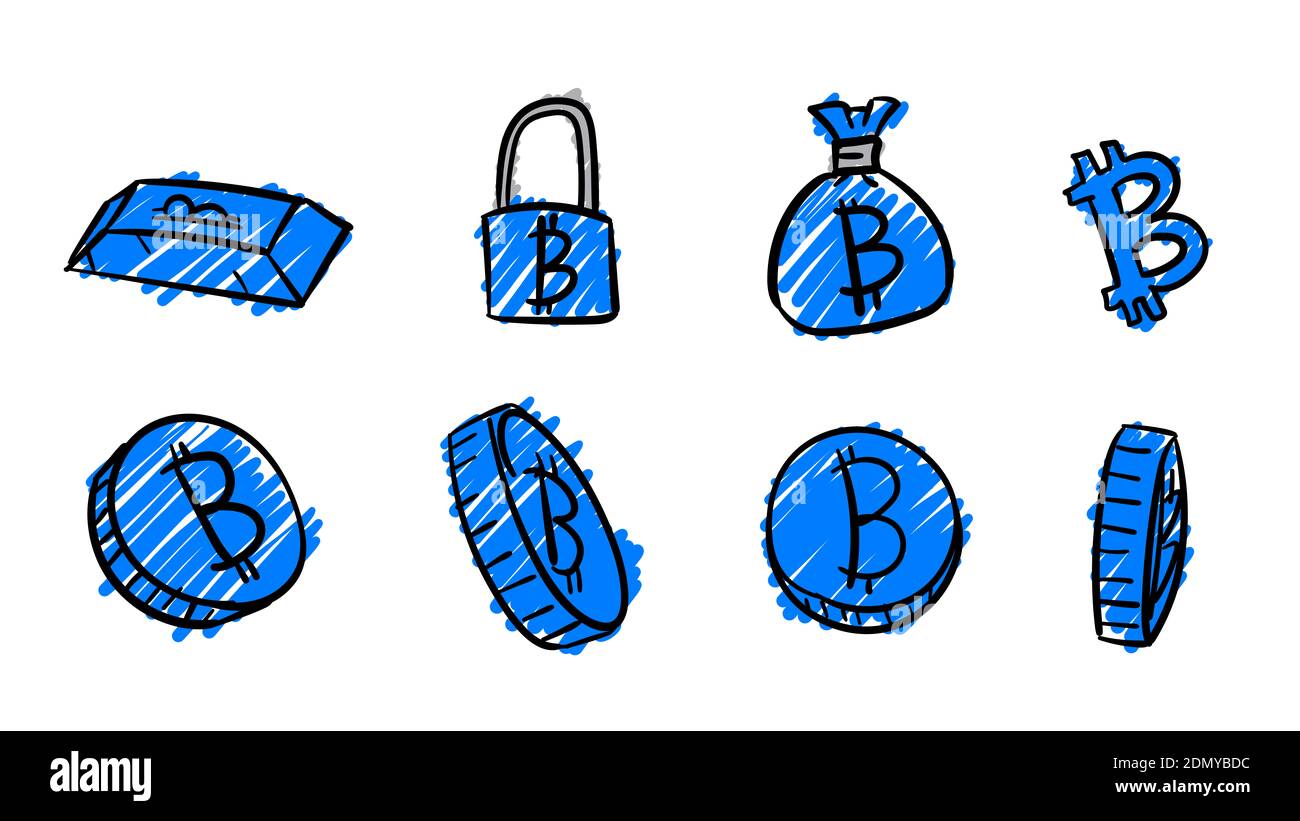 Hand drawn blue business bitcoin symbols. 2d money illustration with ...