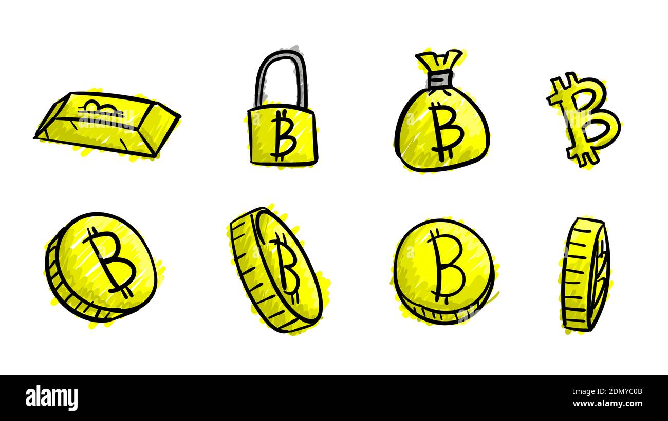 Hand drawn yellow business bitcoin symbols. 2d money illustration with ...