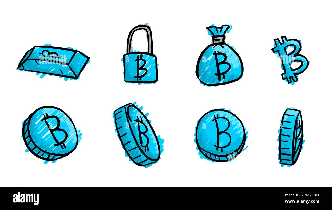 Hand drawn azure business bitcoin symbols. 2d money illustration with ...