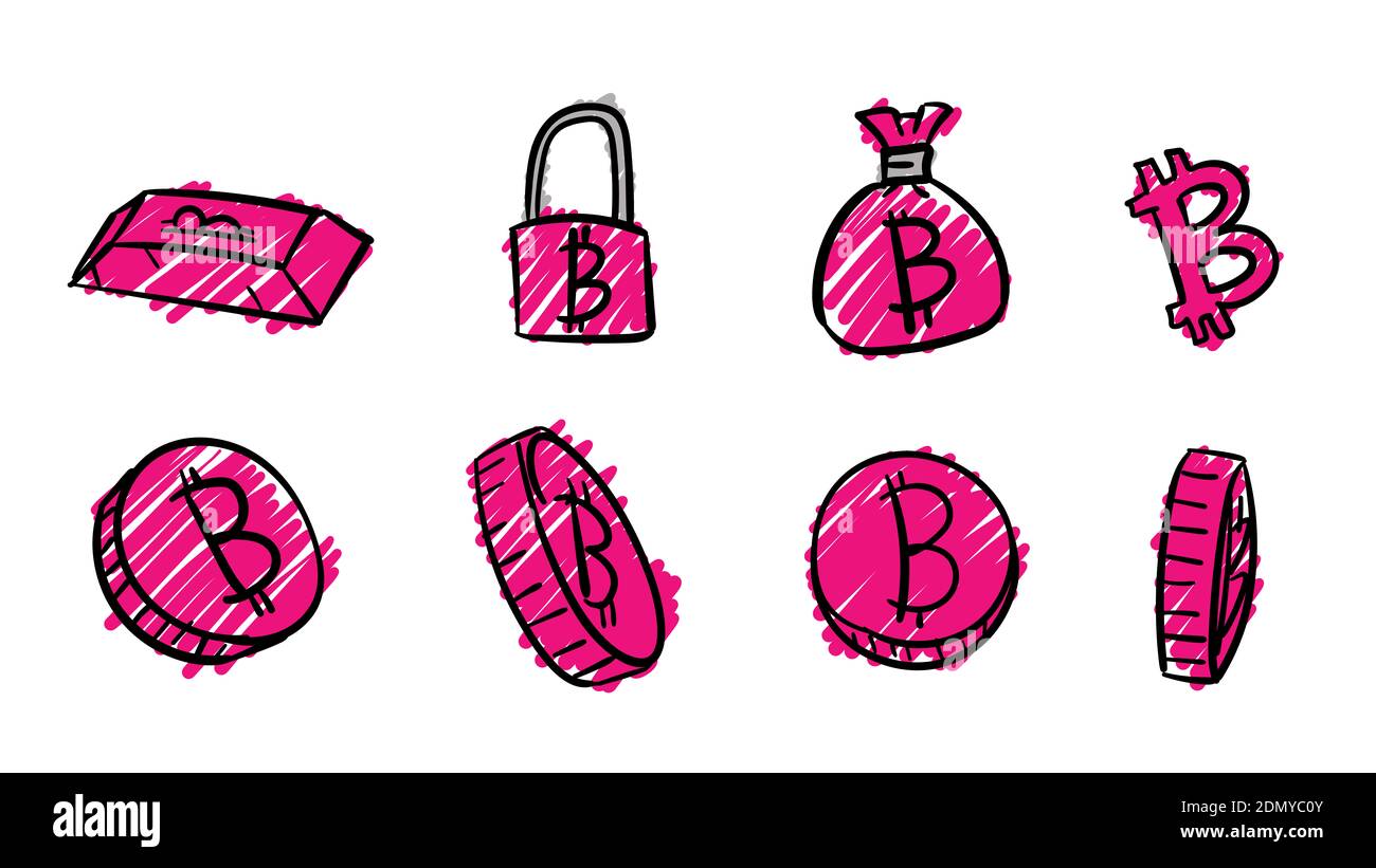 Hand drawn pink business bitcoin symbols. 2d money illustration with ...