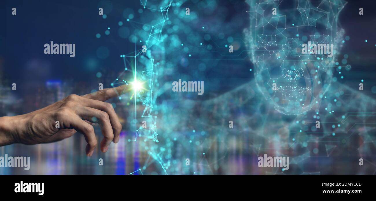 man hand pointing in to futuristic interface network include of ...