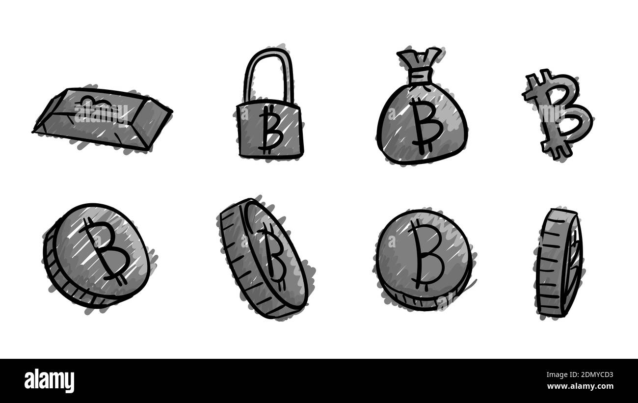 Hand drawn grey business bitcoin symbols. 2d money illustration with ...