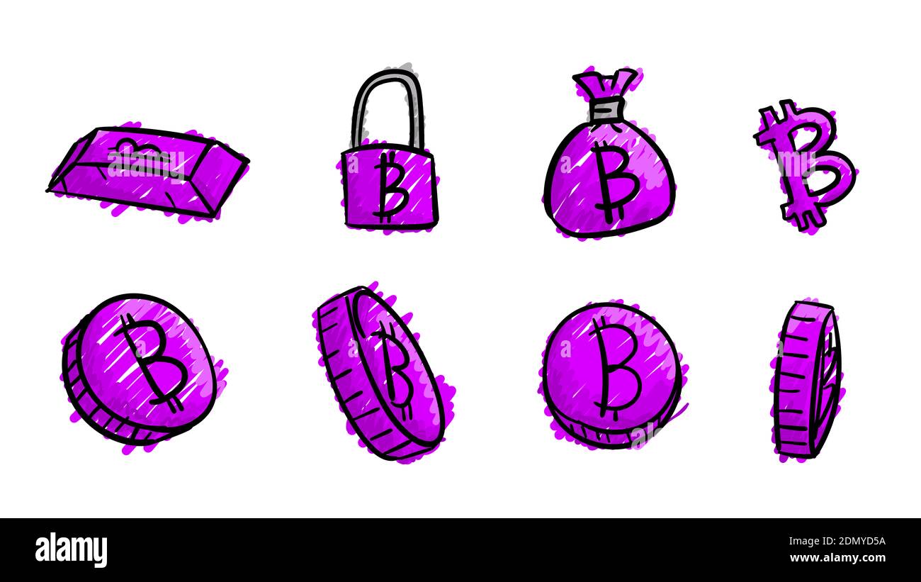 Hand drawn violet business bitcoin symbols. 2d money illustration with ...