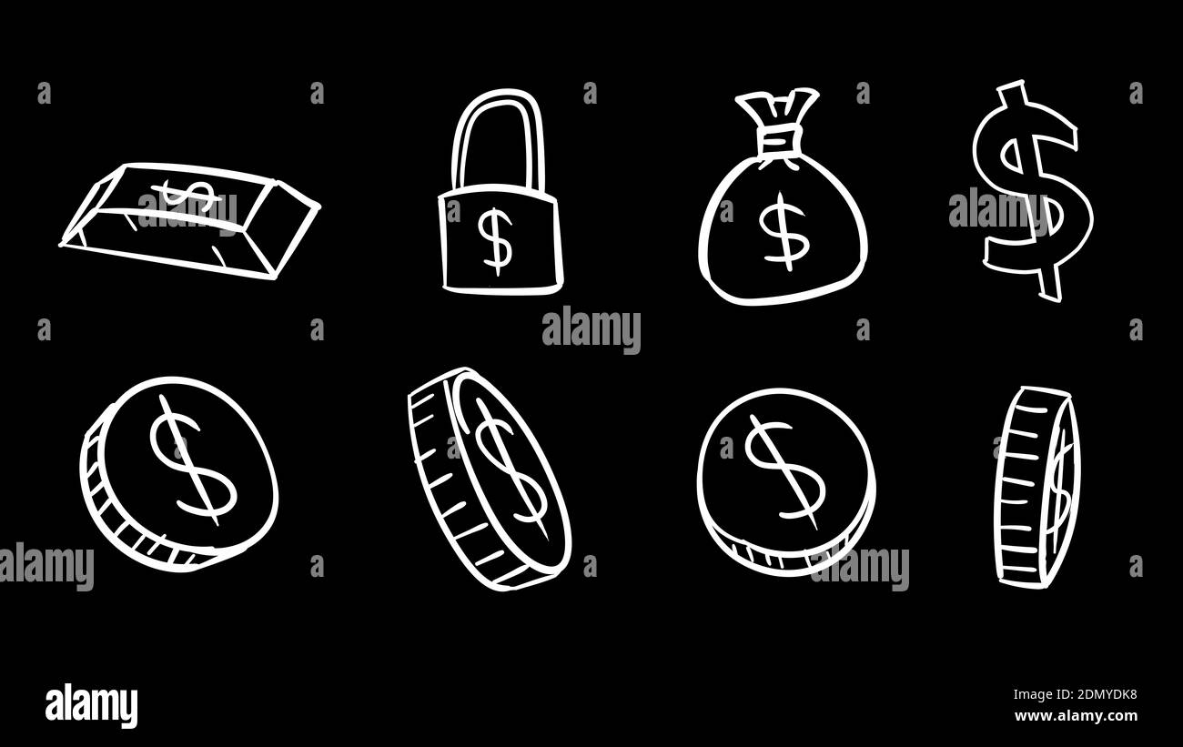 Hand drawn black business dollar symbols. 2d money illustration with ...