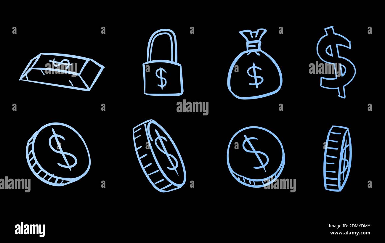 Hand drawn blue business dollar symbols. 2d money illustration with ...