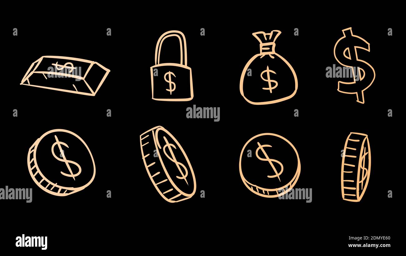 Hand drawn orange business dollar symbols. 2d money illustration with ...