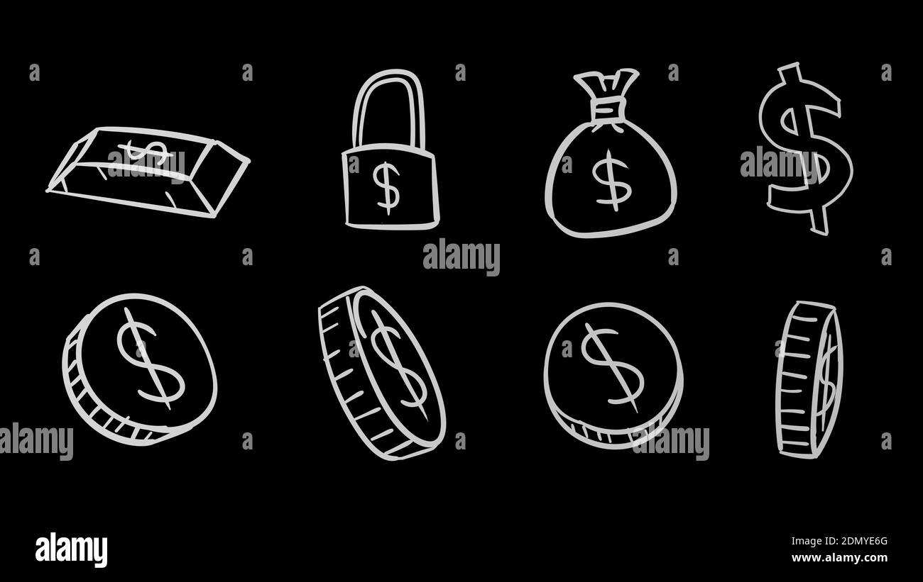Hand drawn grey business dollar symbols. 2d money illustration with ...