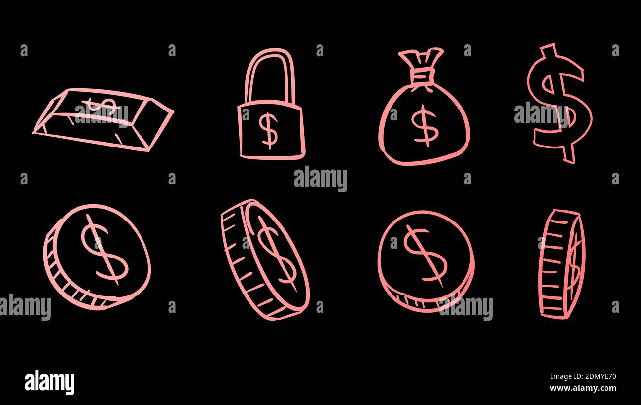 Hand drawn red business dollar symbols. 2d money illustration with ...