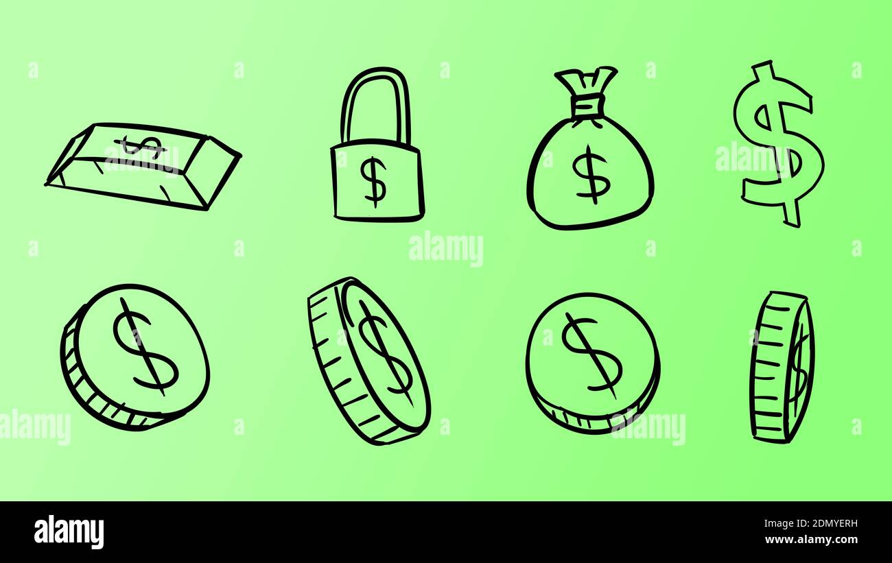 Hand drawn green business dollar symbols. 2d money illustration with ...