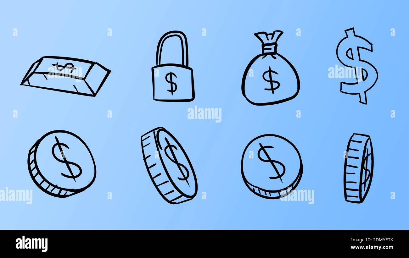Hand drawn blue business dollar symbols. 2d money illustration with ...