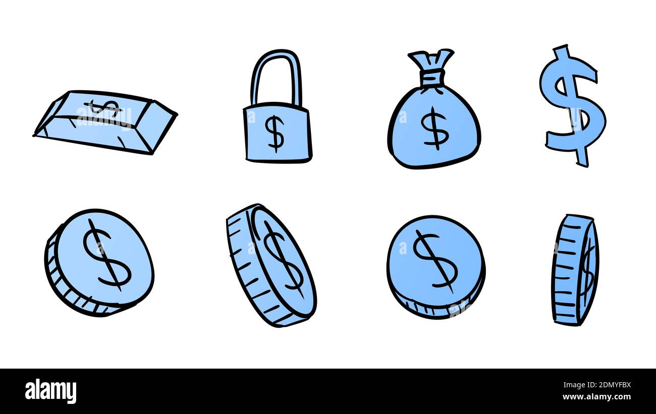 Hand drawn blue business dollar symbols. 2d money illustration with ...