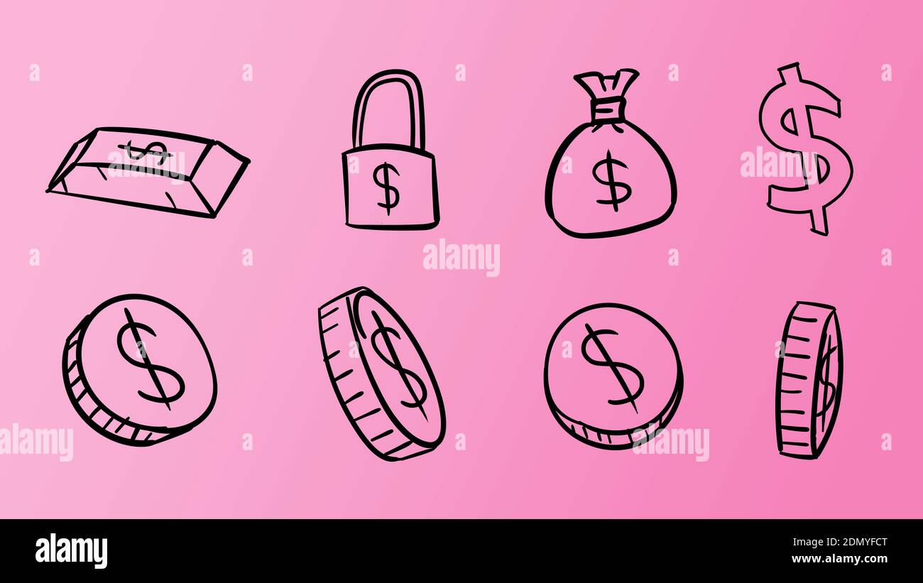 Hand drawn pink business dollar symbols. 2d money illustration with ...