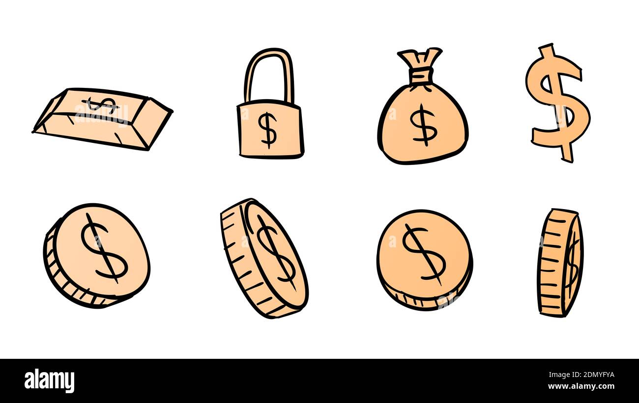 Hand drawn orange business dollar symbols. 2d money illustration with ...