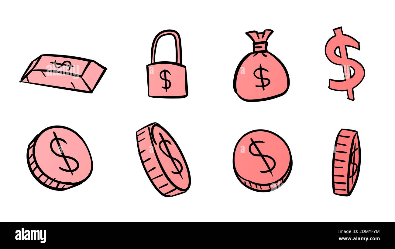 Hand drawn red business dollar symbols. 2d money illustration with ...