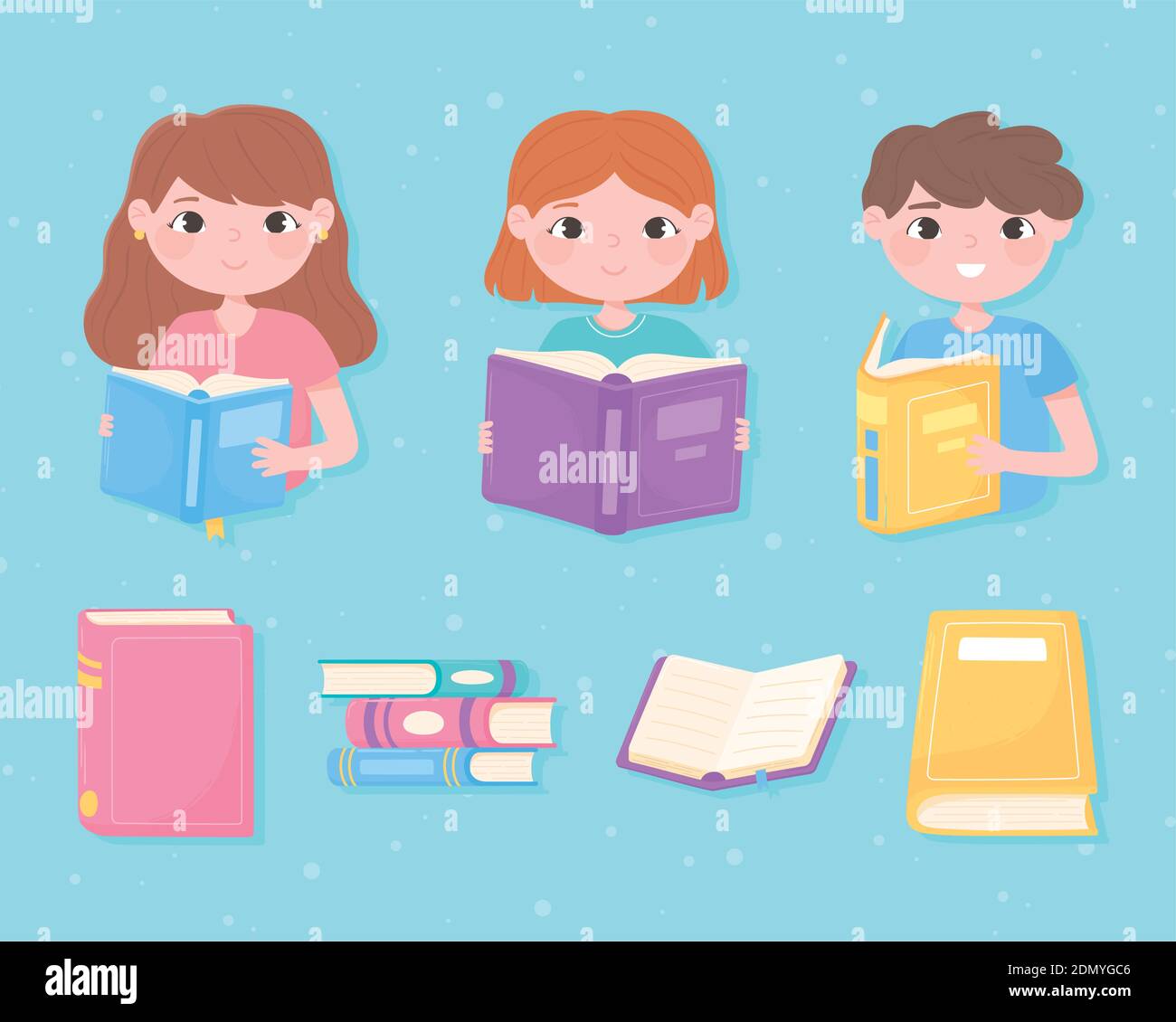 cute girls and boy read books learn knowledge academic design vector ...