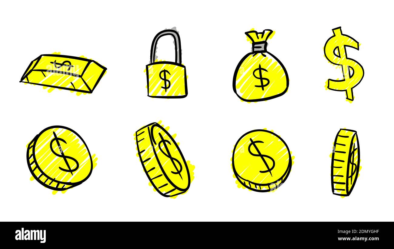 Hand drawn yellow business dollar symbols. 2d money illustration with ...