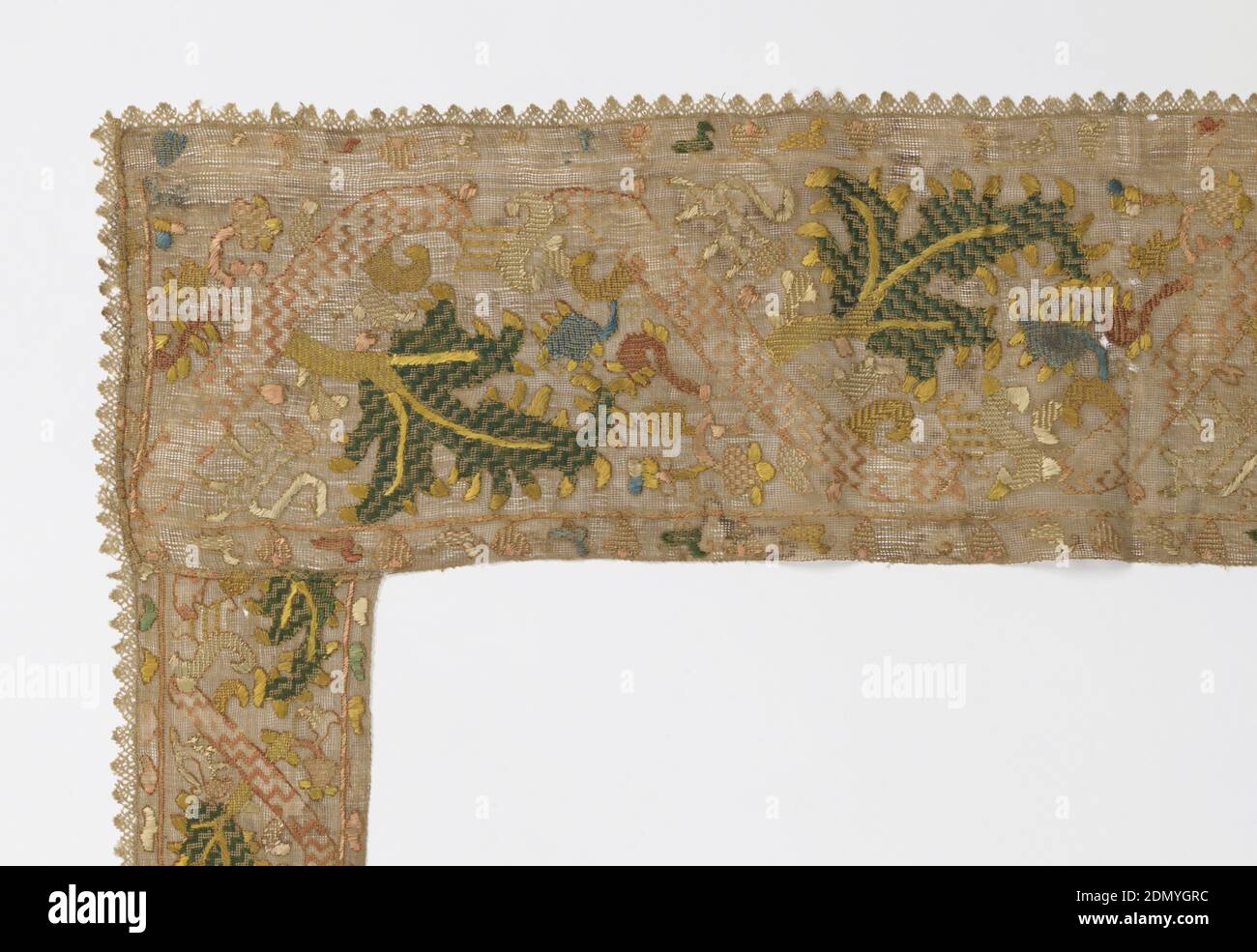 Border, Medium: silk, linen Technique: embroidered net and needle lace ...