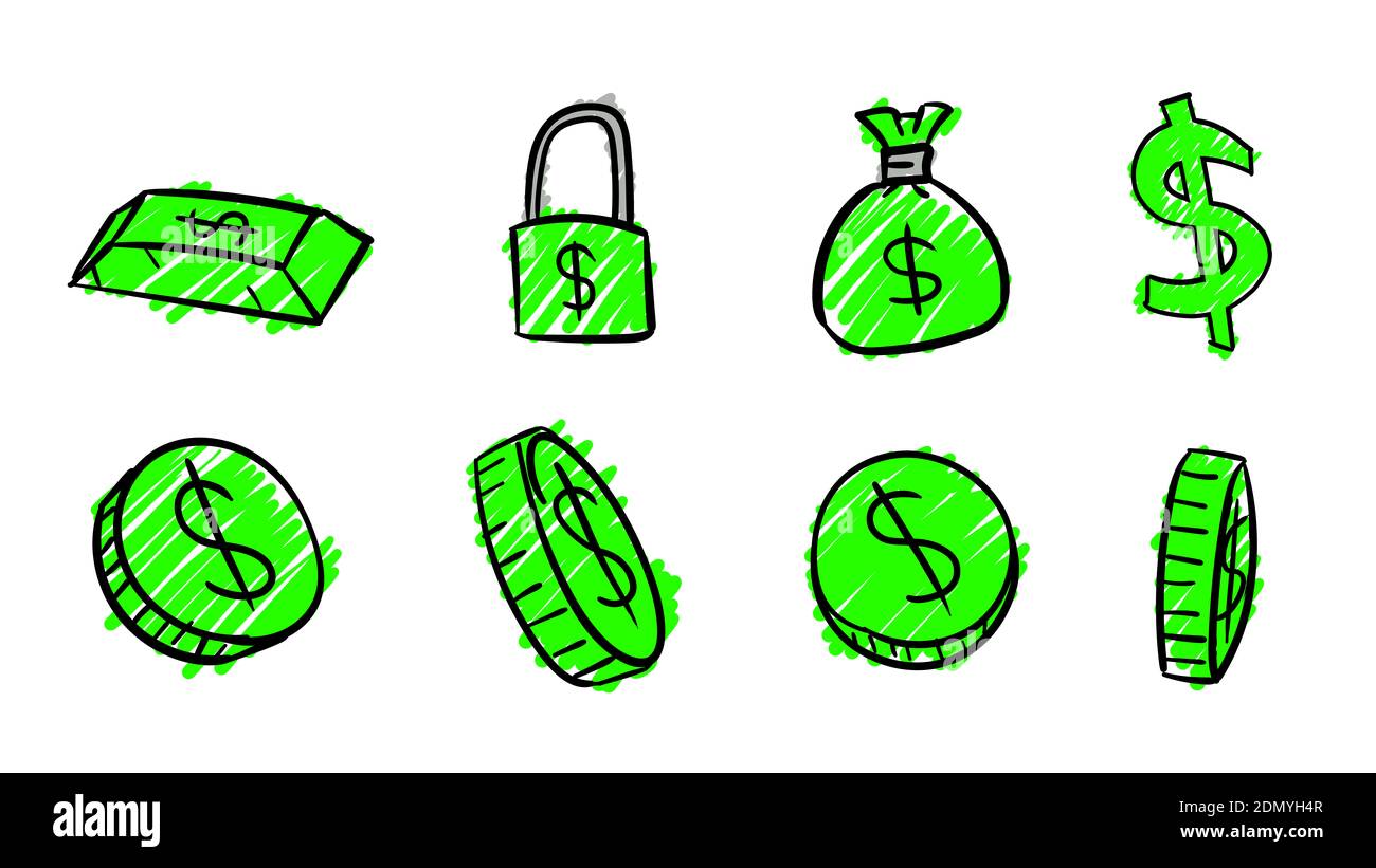 Hand drawn green business dollar symbols. 2d money illustration with ...
